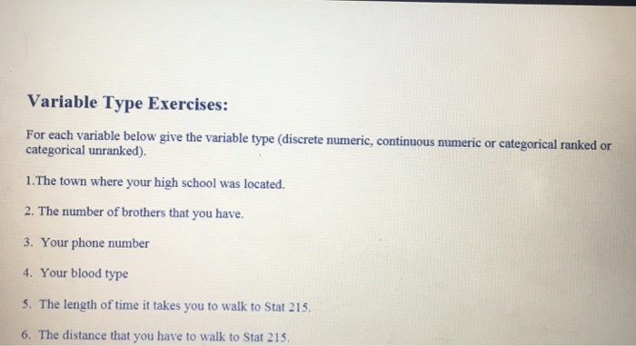 Solved Variable Type Exercises: For each variable below give | Chegg.com