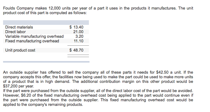 Solved Foulds Company makes 12,000 units per year of a part | Chegg.com