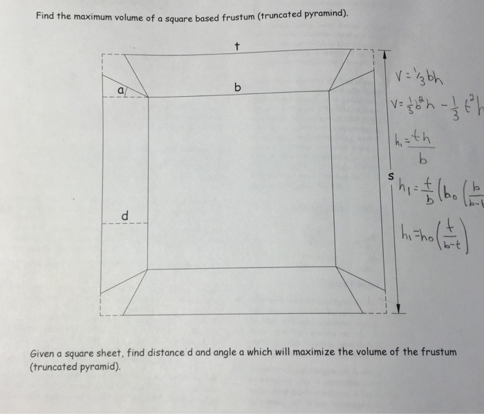 Solved Find the maximum volume of a square based frustum | Chegg.com