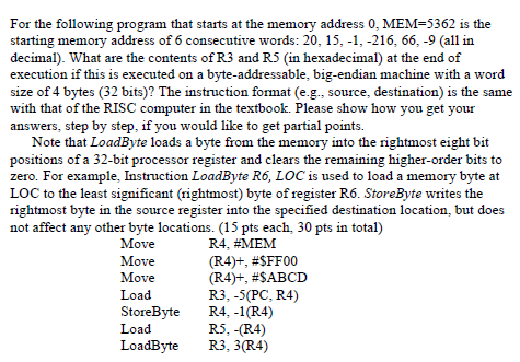 For the following program that starts at the memory | Chegg.com