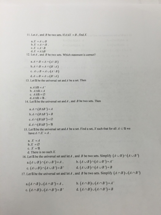Solved 11. LetA,and B be two sets. IEAAr-B, find X 12. LetA, | Chegg.com