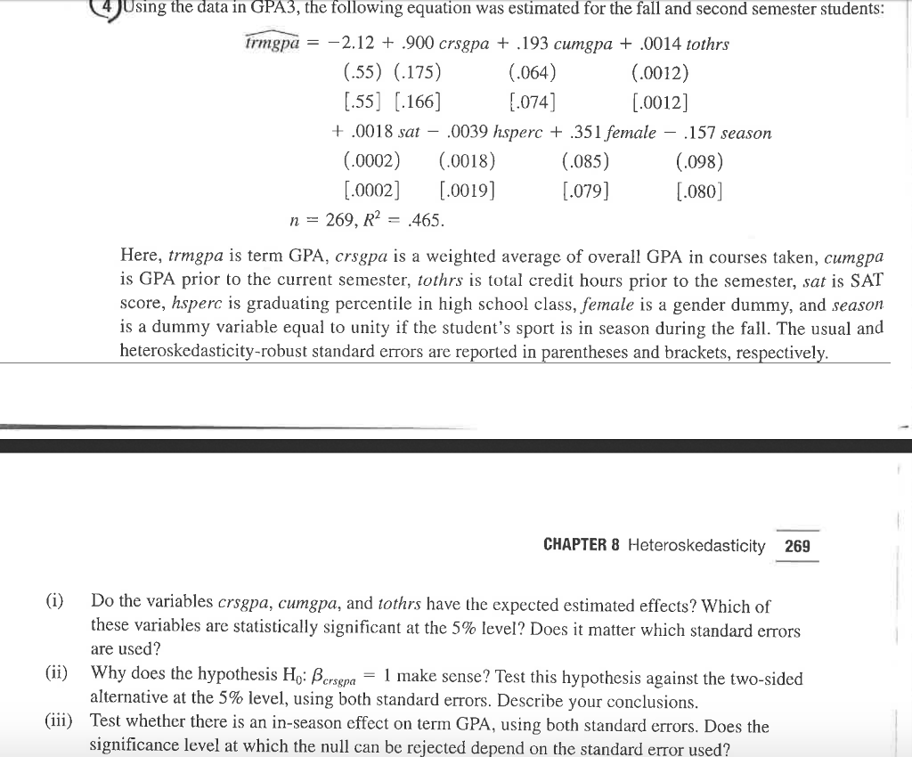 Solved Using the data in GPA3, the following equation was | Chegg.com