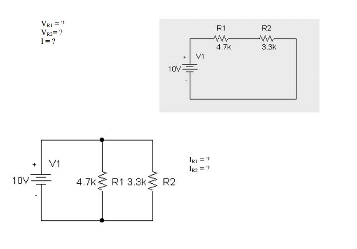 Solved R1 R1 R2 4.7K 3.3k V1 10V IRI=? RI! +V1 R2- 10V | Chegg.com
