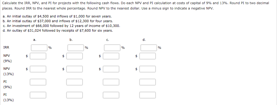 Solved Calculate the IRR, NPV, and PI for projects with the | Chegg.com