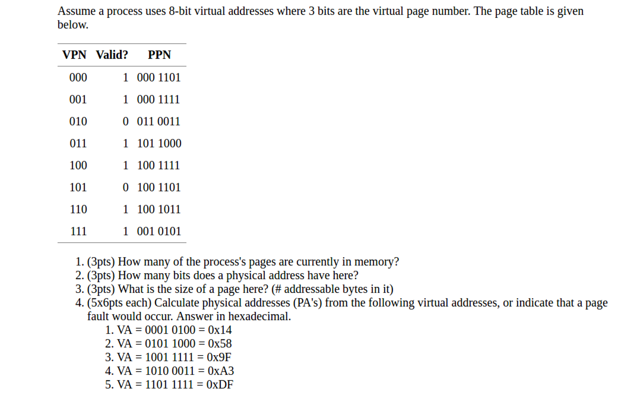 Assume a process uses 8-bit virtual addresses where 3 | Chegg.com