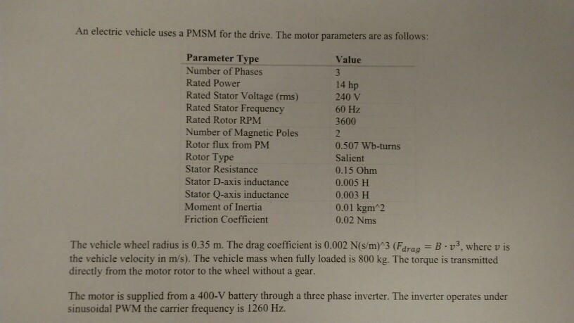 Solved An electric vehicle uses a PMSM for the drive. The | Chegg.com