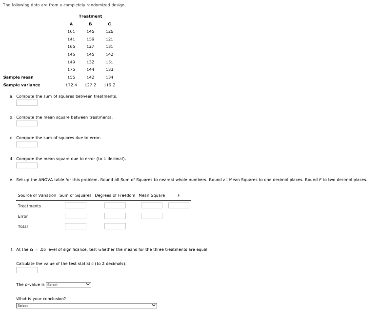 Solved The following data are from a completely randomized | Chegg.com