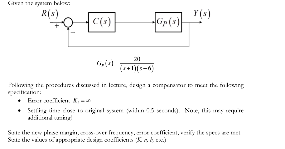 Solved Given the system below: G_P (s) = 20/(s+1)(s +6) | Chegg.com