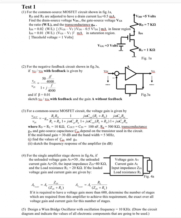 Solved Test 1 1 For The Common Source Mosfet Circuit Shown