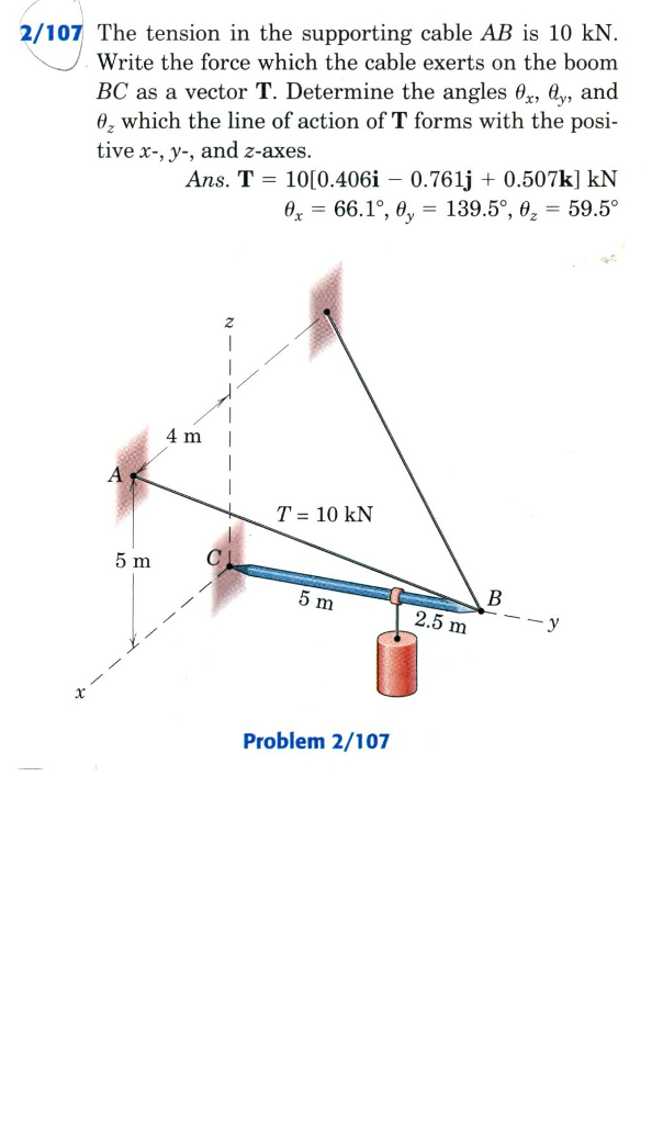 Solved 2/107 The tension in the supporting cable AB is 10 | Chegg.com