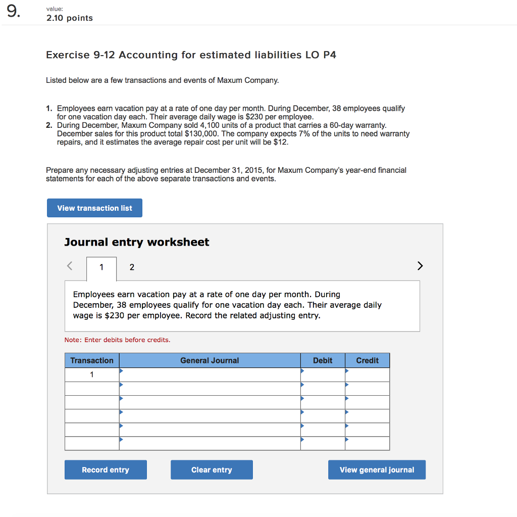 Solved 9. value: 2.10 points Exercise 9-12 Accounting for | Chegg.com