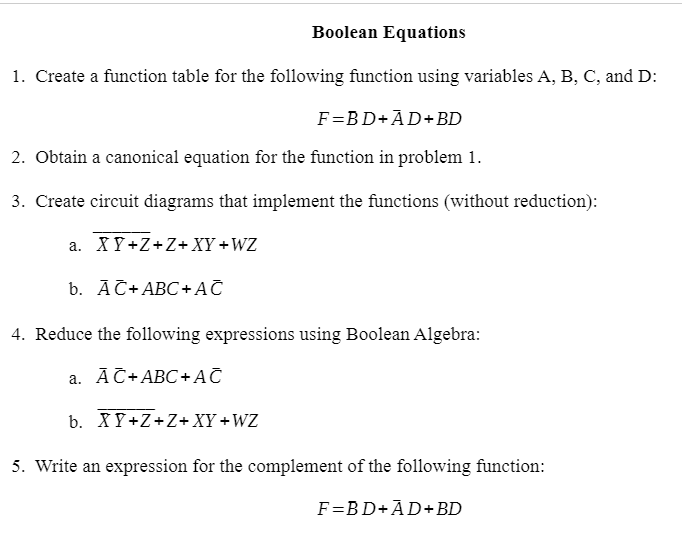 Solved Boolean Equation:s 1. Create a function table for the | Chegg.com