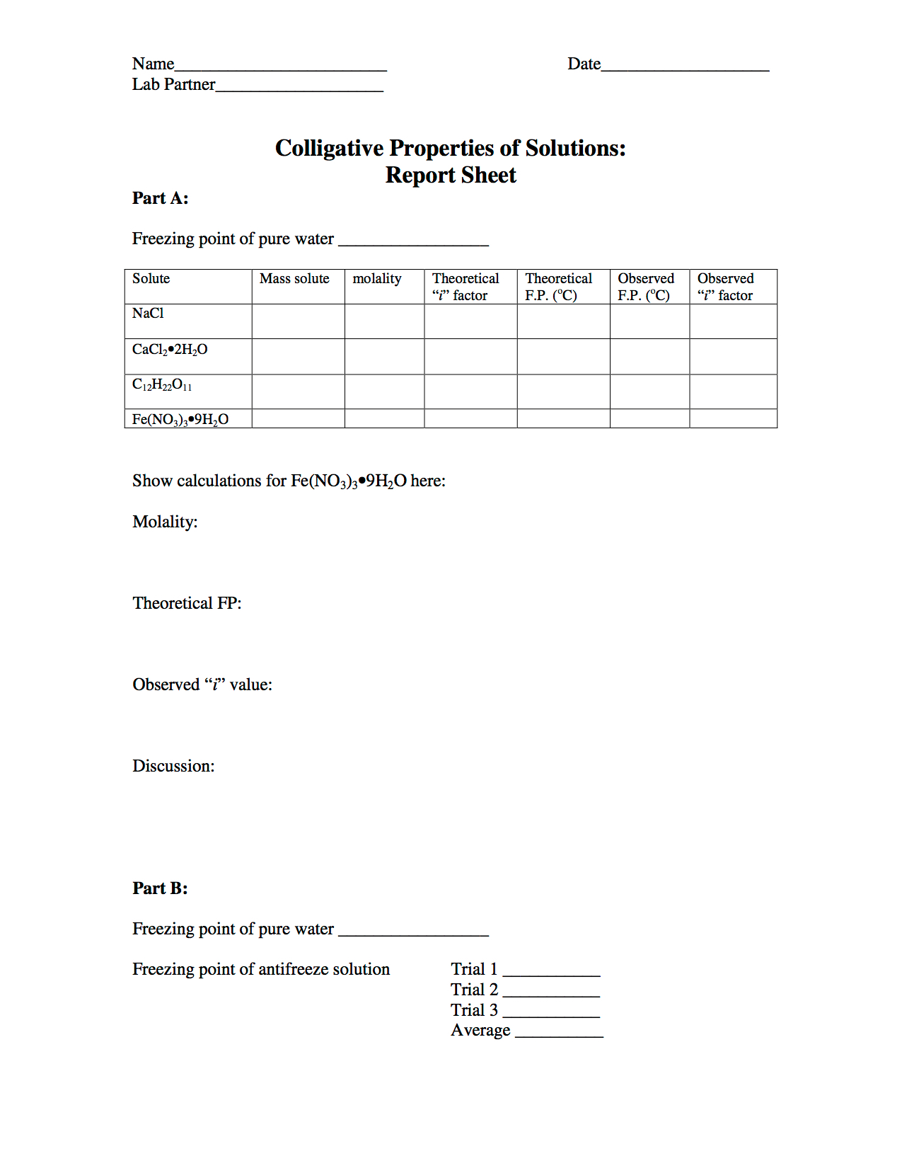 Colligative Properties of Solutions: Report Sheet : | Chegg.com