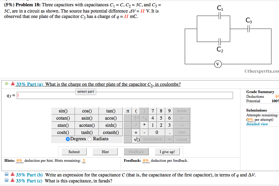Solved Three capacitors with capacitances C_1 = C, C_2 = 3C, | Chegg.com