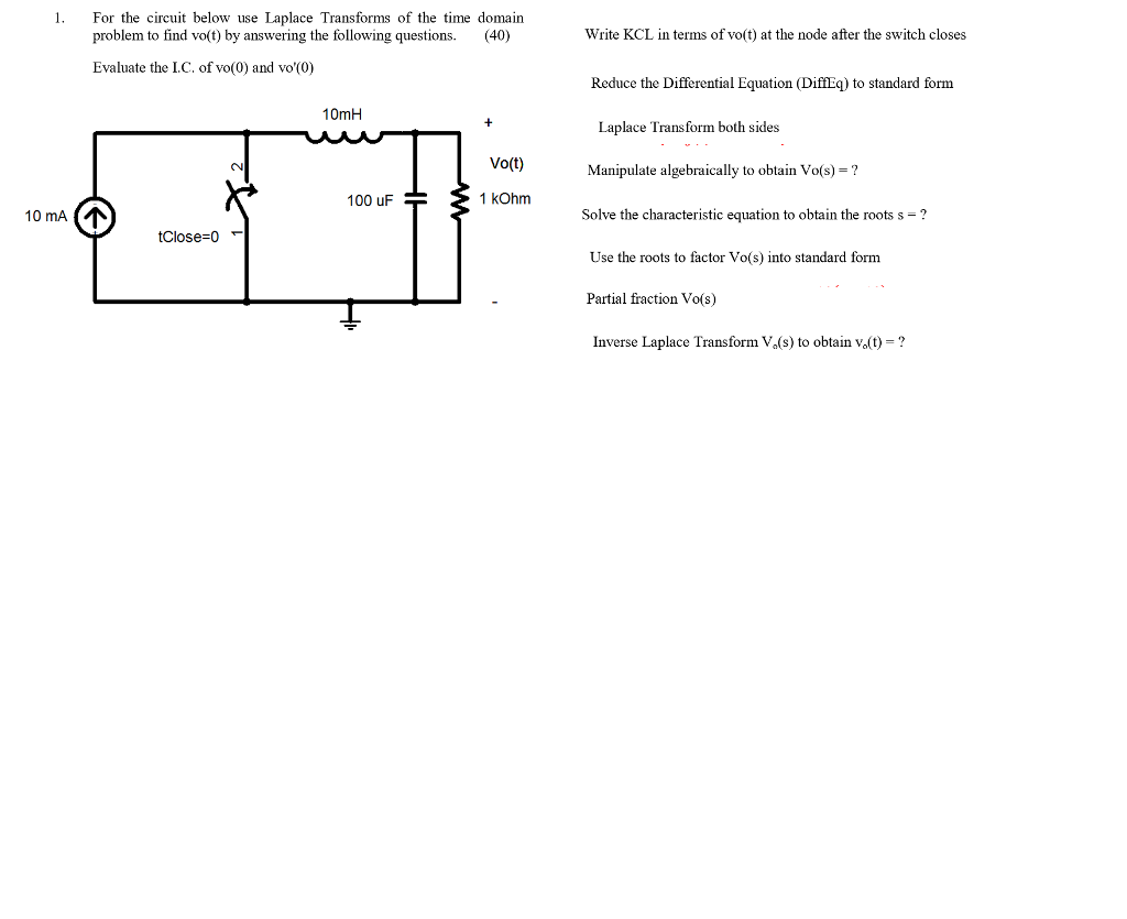 Solved For the circuit below use Laplace Transforms of the | Chegg.com