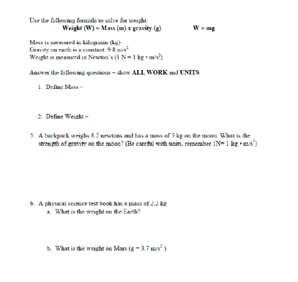 Solved Use the following formula to solve for weight: | Chegg.com