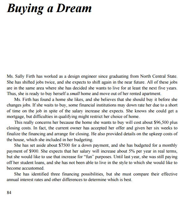 Solved Buying a Dream Ms. Sally Firth has worked as a design | Chegg.com