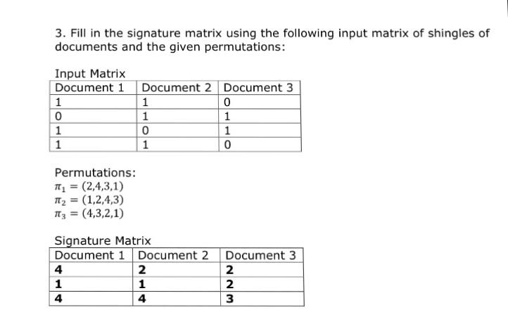 Solved 3. Fill in the signature matrix using the following | Chegg.com