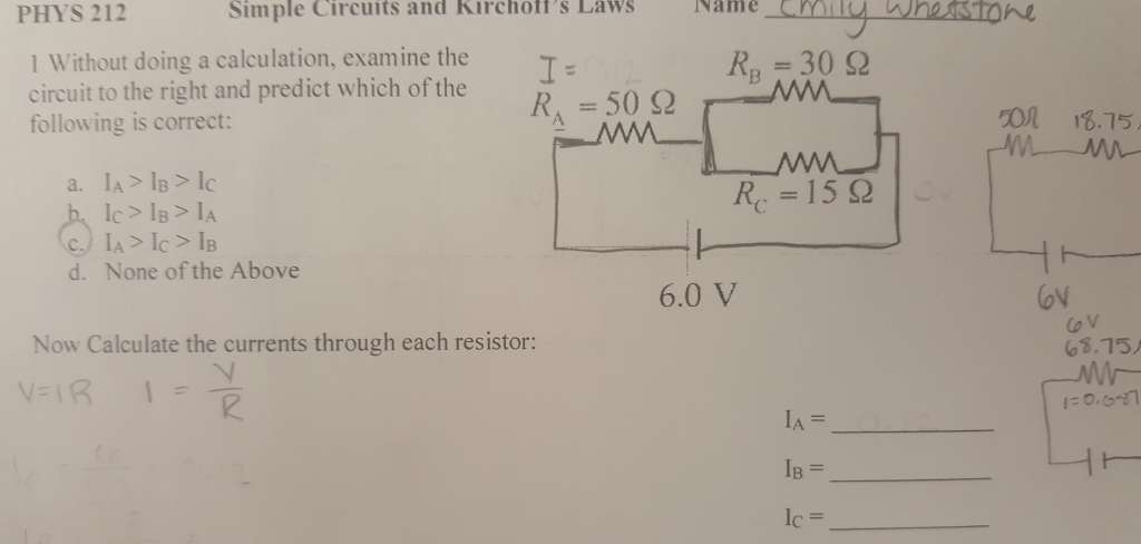 Solved PHYS 212 Simple Circuits and Kirchoft's Laws ame cmil | Chegg.com