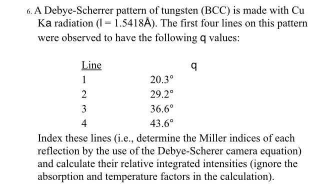 Solved A Debye-Scherrer pattern of tungsten (BCC) is made | Chegg.com