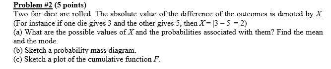 Solved Two fair dice are rolled. The absolute value of the | Chegg.com