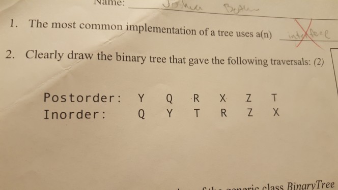 Solved Name: 1. The most common implementation of a tree | Chegg.com