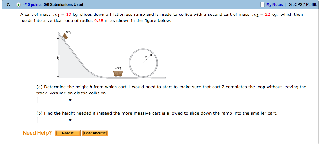 Solved A cart of mass m1 = 13 kg slides down a frictionless | Chegg.com
