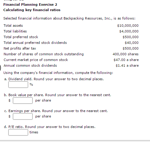Solved Financial Planning Exercise 2 Calculating key | Chegg.com
