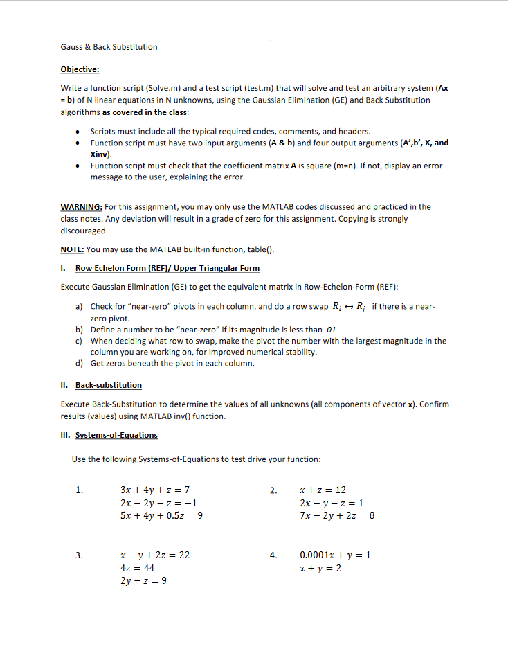Gauss & Back Substitution Obiective: Write a function | Chegg.com