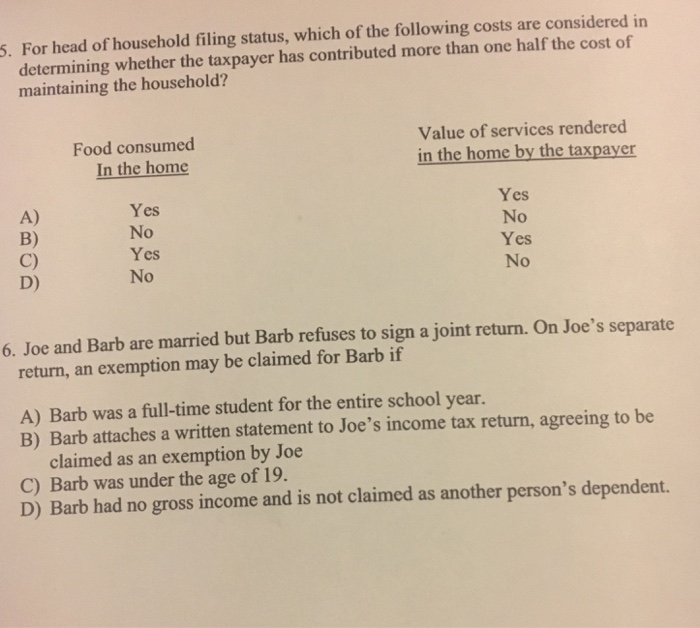 Solved 5. For head of household filing status, which of the | Chegg.com
