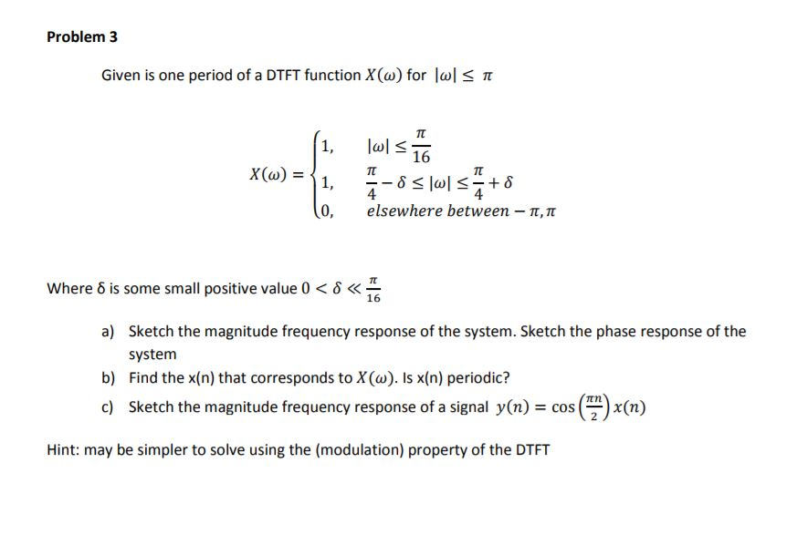 Solved Problem 3 Given is one period of a DTFT function x(a) | Chegg.com
