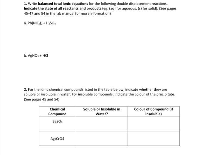 Solved 1. Write balanced total ionic equations for the | Chegg.com