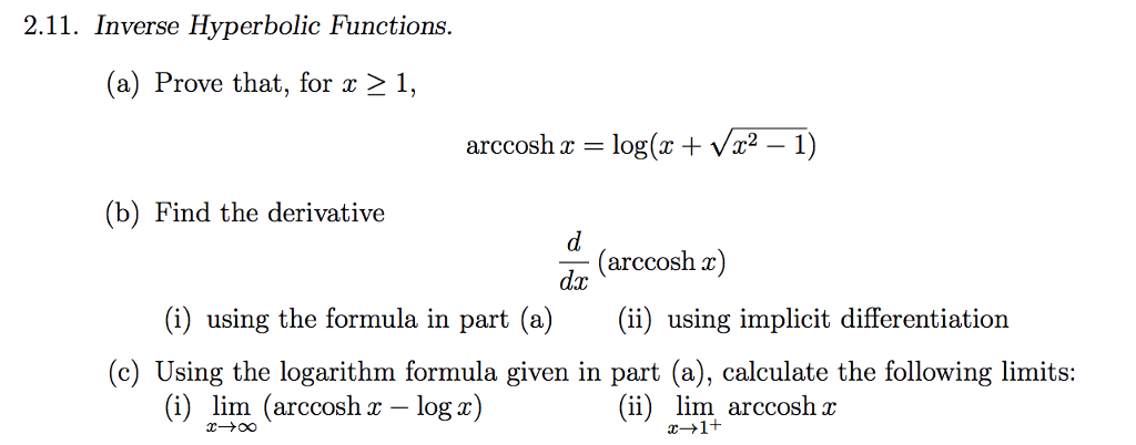 Solved 2.11. Inverse Hyperbolic Functions (a) Prove that, | Chegg.com
