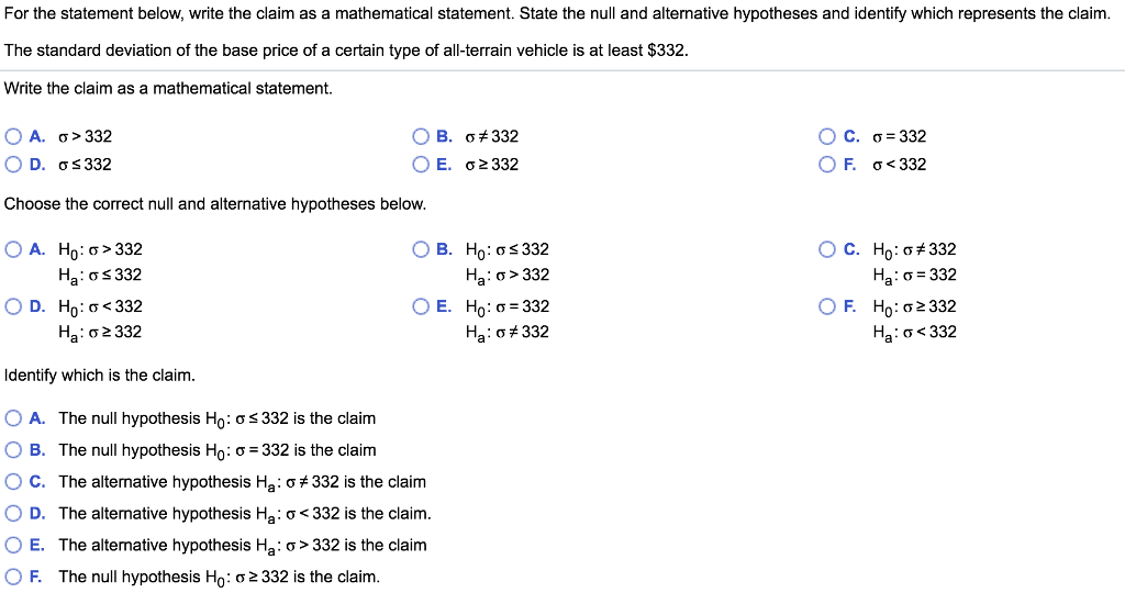 Solved For the statement below, write the claim as a | Chegg.com