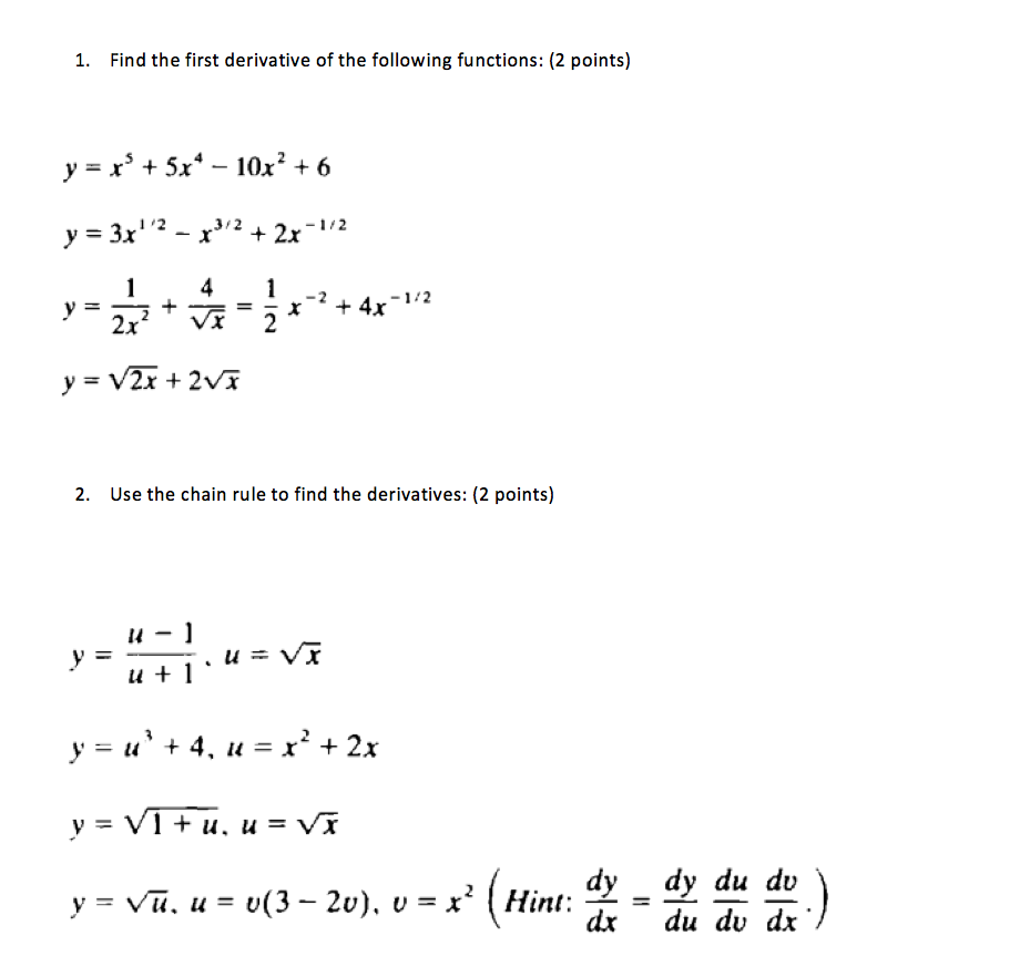 Solved 1. Find the first derivative of the following | Chegg.com