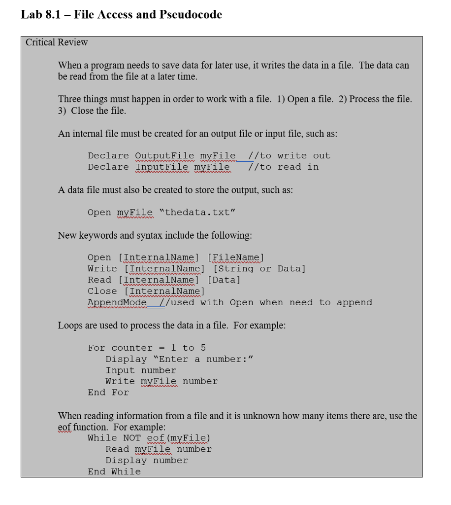 Solved Lab 8 1 File Access And Pseudocode Critical Review