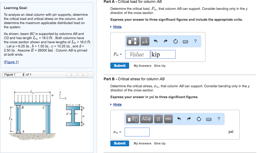 Solved Part A - Critical load for column AB Learning Goal | Chegg.com Solved Part A - Critical load for column AB Learning Goal | Chegg.com