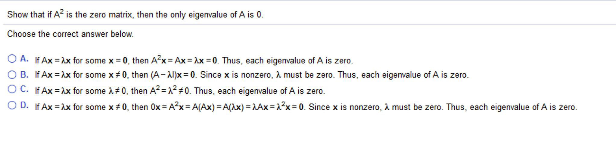 Solved Show that if A^2 is the zero matrix, then the only | Chegg.com