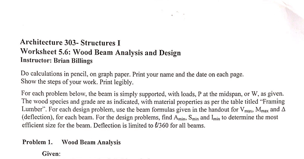 Solved Architecture 303- Structures I Worksheet 5.6: Wood | Chegg.com