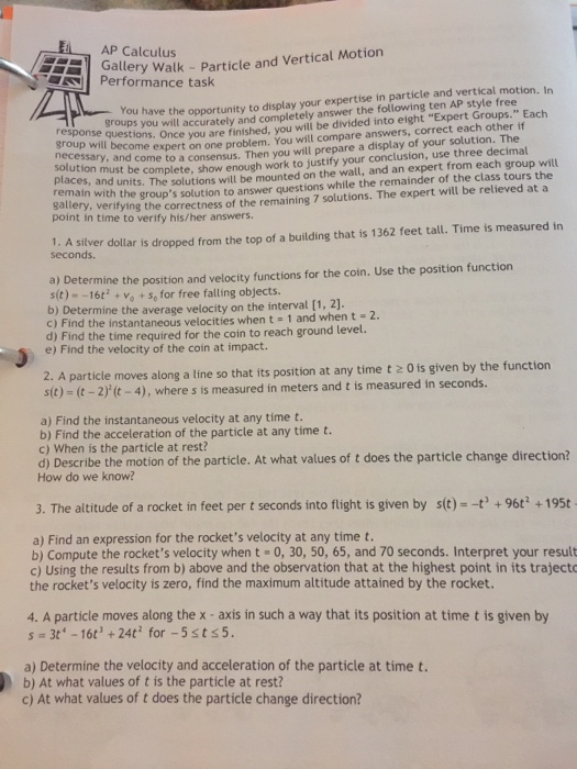 Solved AP Calculus ery Walk - Particle and Vertical Motion | Chegg.com