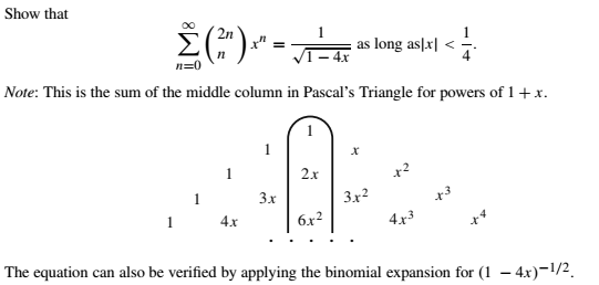 Solved Show that sigma^infinity_n = 0 (2n n)x^n = | Chegg.com