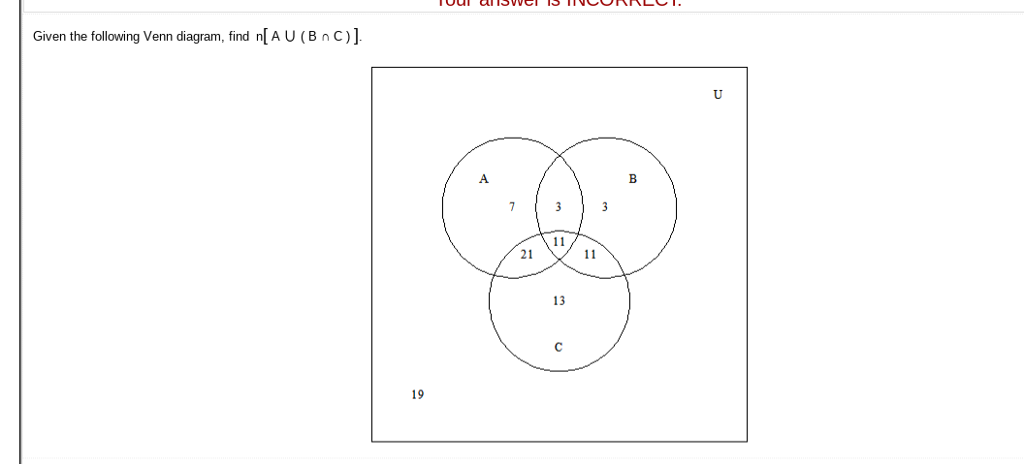 Solved Given the following Venn diagram, find n[A U (Bnc)] | Chegg.com