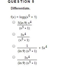 Solved Differentiate. f(x)=log(x^5+1) 5(ln 9)x^4/(x^5+1) | Chegg.com