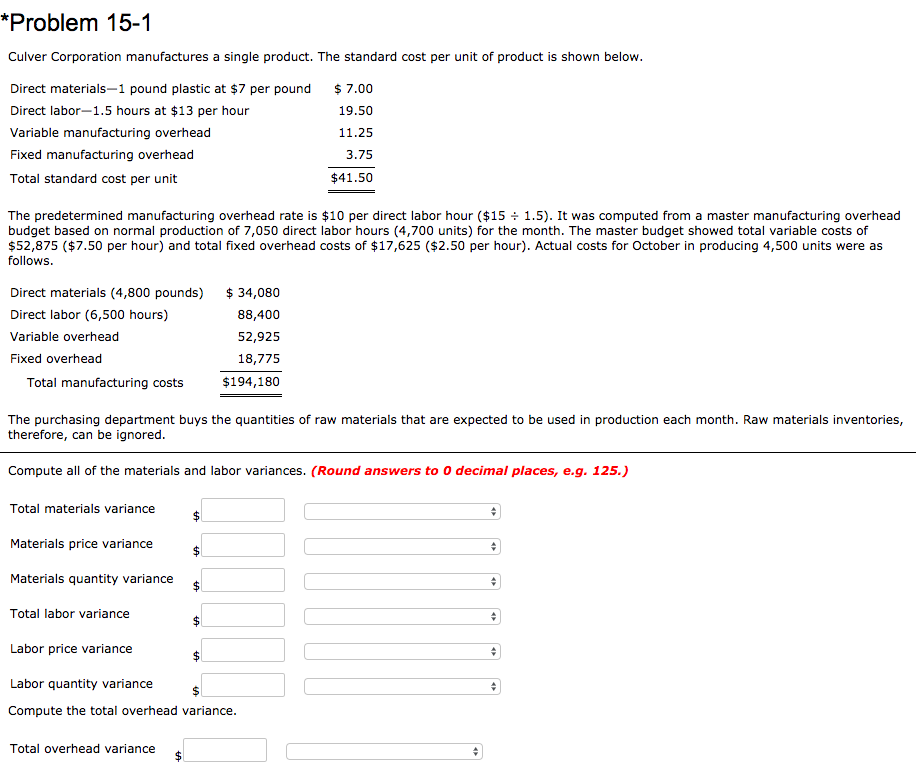 Solved *Problem 15-1 Culver Corporation manufactures a | Chegg.com