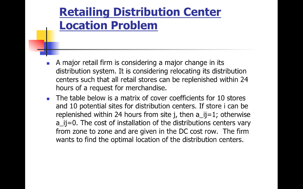 Retailing Distribution Center Location Problem A | Chegg.com