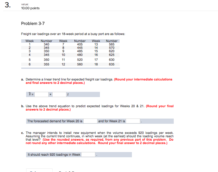 Solved value: 10.00 points Problem 3-7 Freight car loadings | Chegg.com