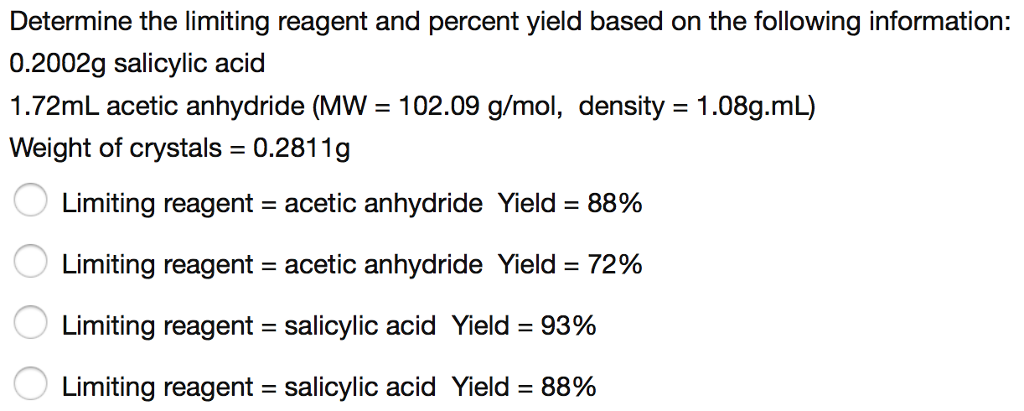 Solved Determine the limiting reagent and percent yield | Chegg.com