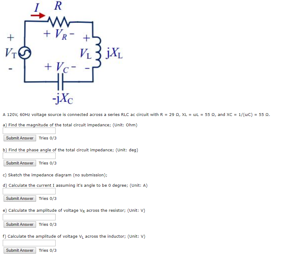 Solved I R VR 片 -jXc A 120V, 60Hz voltage source is | Chegg.com