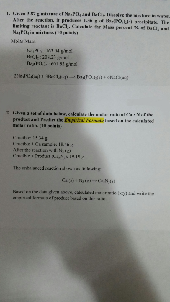 Solved 1. Given 3.87 g mixture of Na3PO4 and BaCl2. Dissolve | Chegg.com