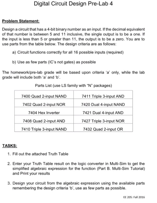 Digital Circuit Design Pre-Lab 4 Problem Statement | Chegg.com